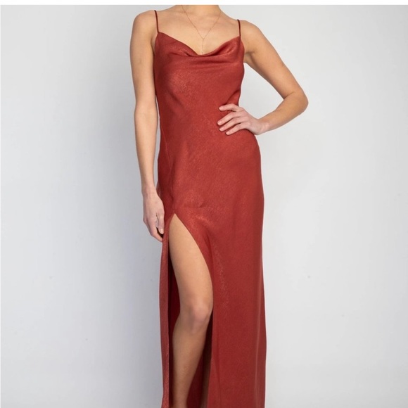 RESA | Dresses | Resa Satin Rust Maxi Dress With A High Slit | Poshmark